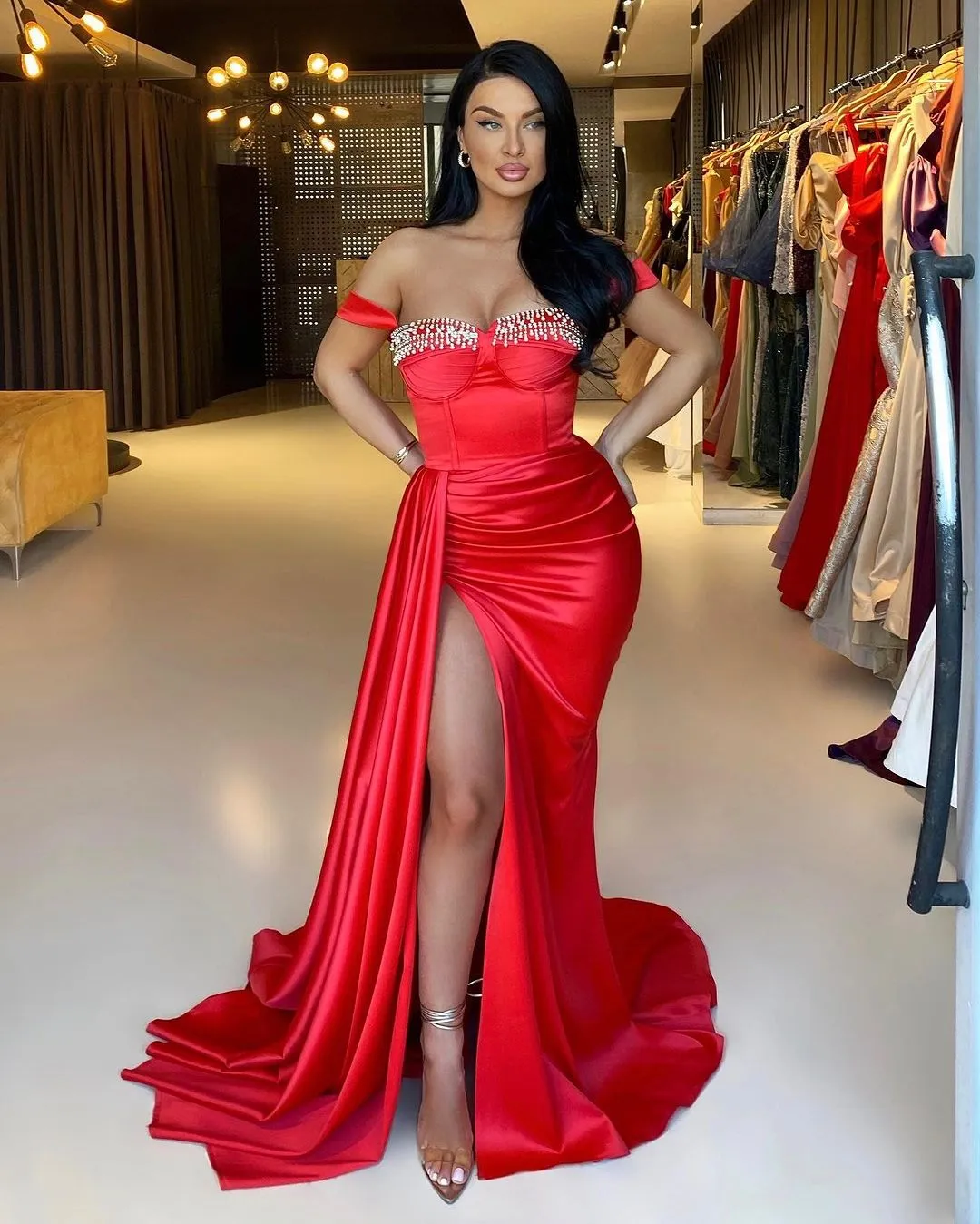 Red Plus Size Mermaid Red Satin Prom Dress With Beadings And Sweetheart ...