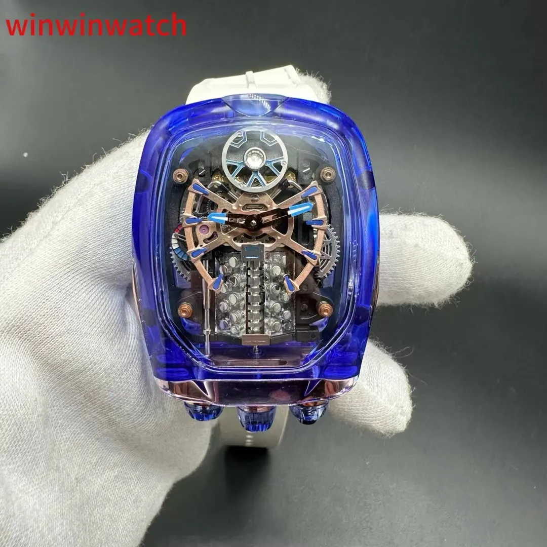Mens Automatic Skeleton Watch Transparent Blue Case, White Rubber Strap ...