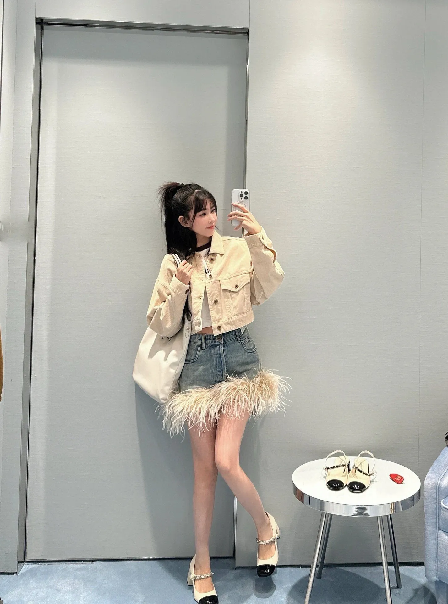 Miu Blue doll collar mini denim skirt with ostrich feather detail for ...