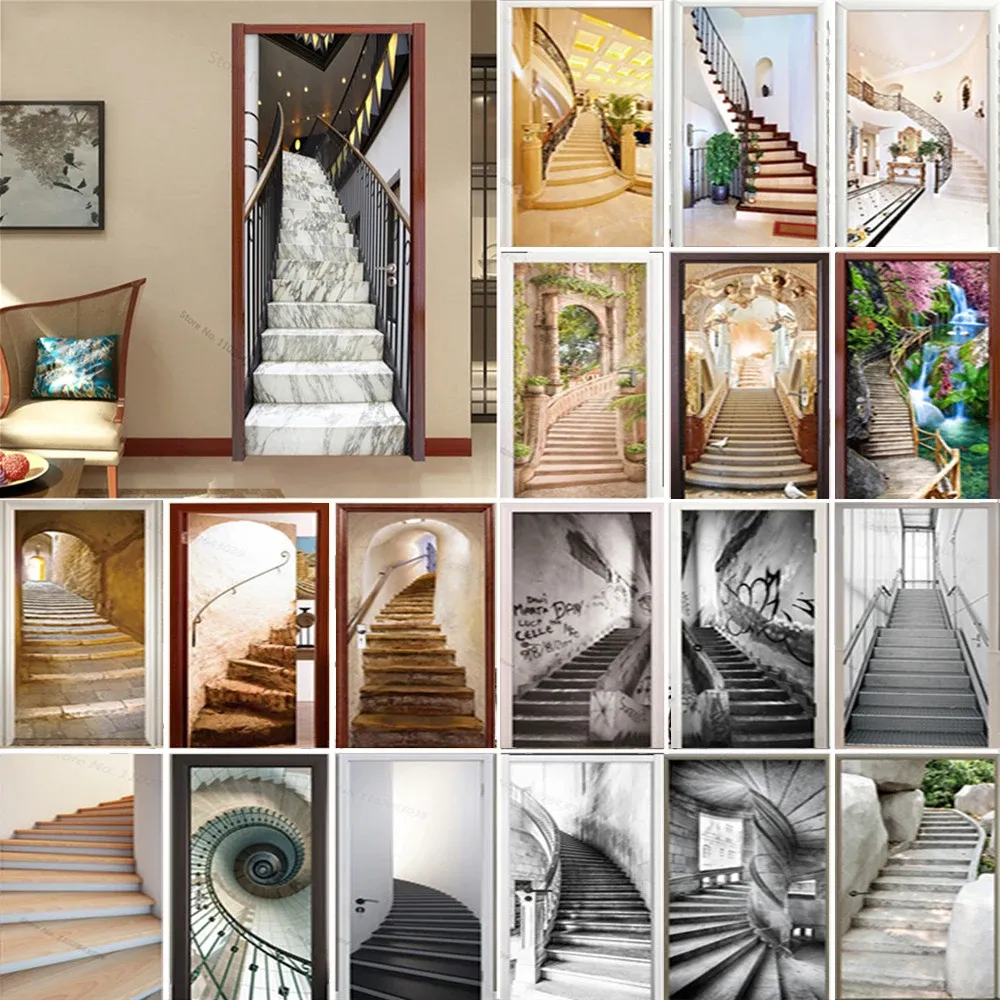 Stickers 3D Illusion Stairs Door Stickers Selfadhesive PVC Full Cover ...
