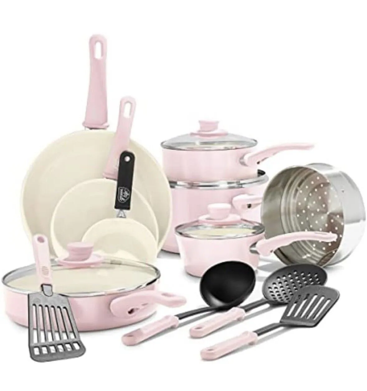 Pink 16-Piece Kitchen Cookware Set - Nonstick Pots, Pans, Utensils ...