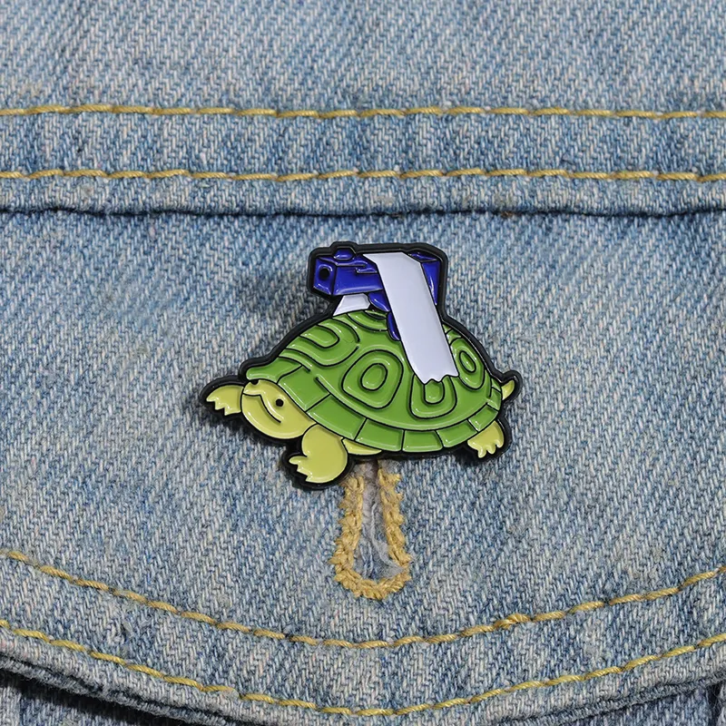 Cute Cartoon Turtle Brooch with Toy Gun - Unique Enamel Pin for Bags ...