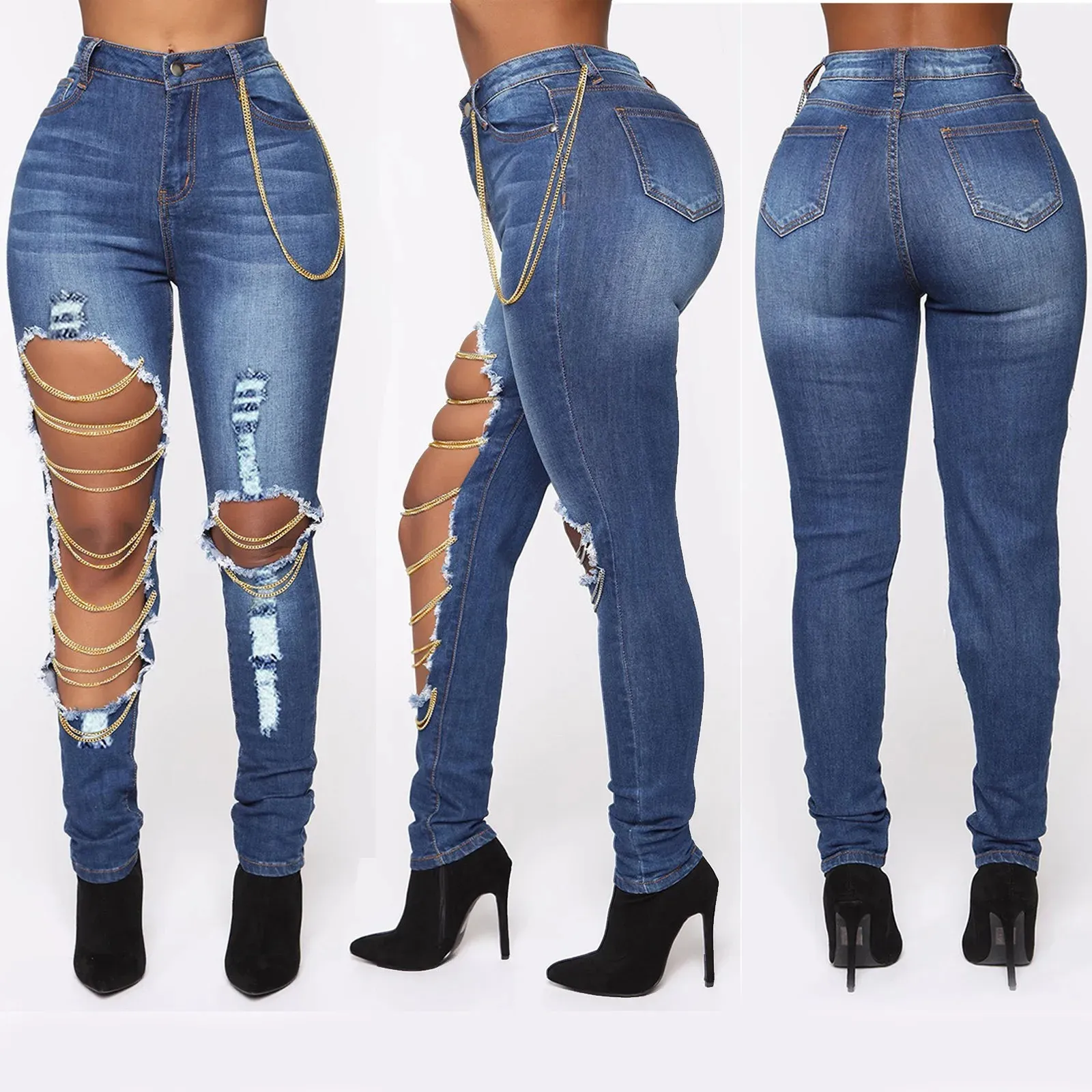 Gradient Ripped Jeans For Women Slim Fit Washed And Push Up Design Long