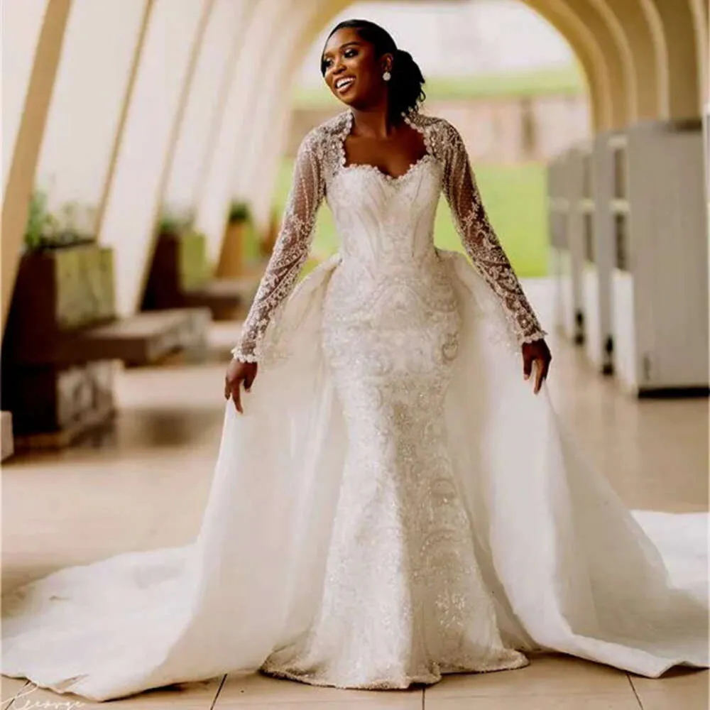 Ebi Aso Oct Arabic Plus Size White Mermaid Wedding Dress With Sequined ...