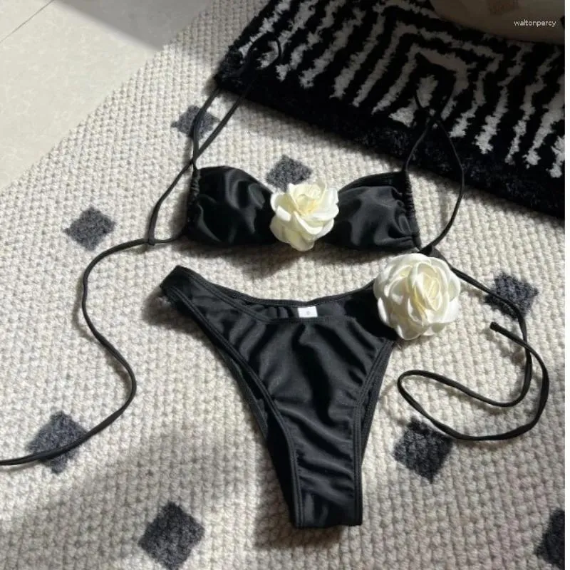 Womens Swimwear 2024 3D Rose Bikini Swimsuit Spaghetti Strap High ...