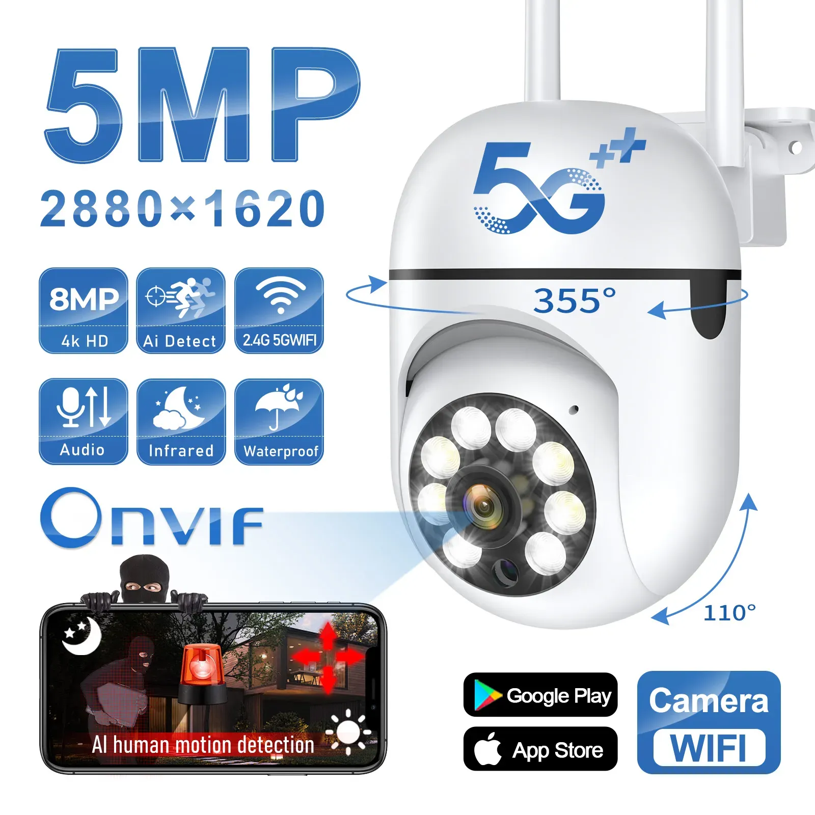 5G WiFi Surveillance Cameras 5MP IP Camera IR Full Color Night Vision ...