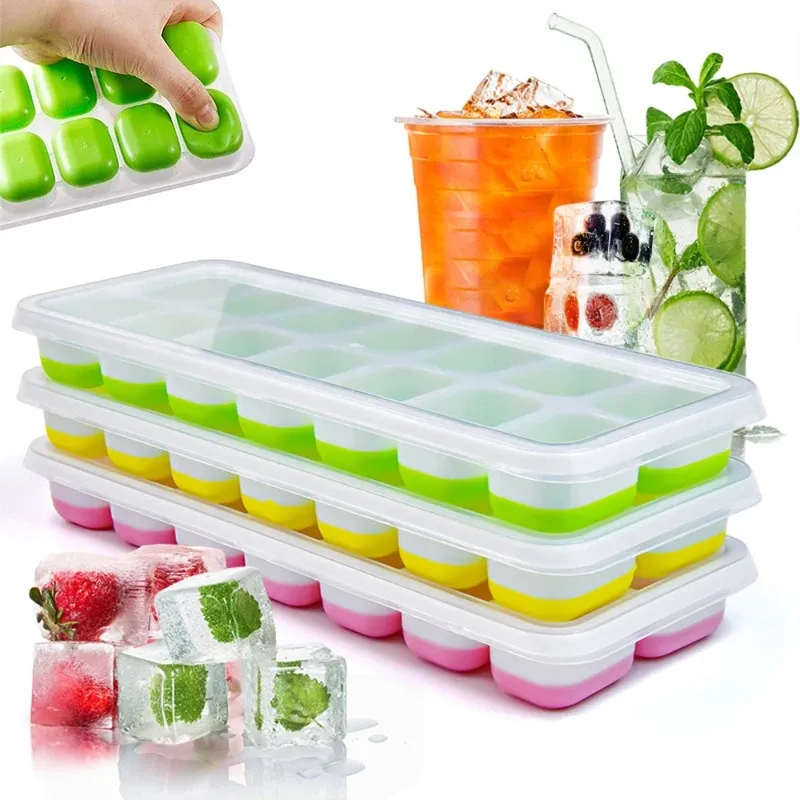 Premium Silicone Ice Cube Maker - 14 Grids with Lids! Square Ice Cube ...