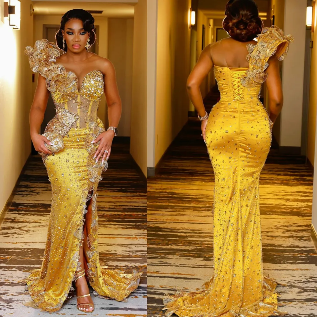 Gold Plus Size Aso Ebi Prom Dress For Black Women Illusion Illusion ...