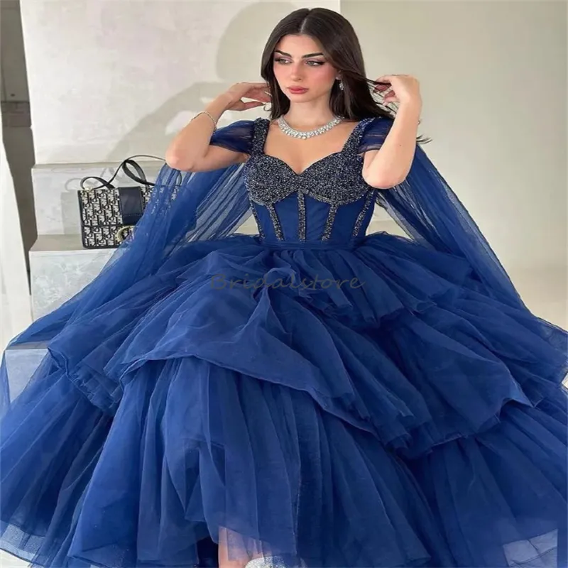 Navy Blue Saudi Arabic Evening Dresses 2024 Cape Sleeves A Line Tiered ...