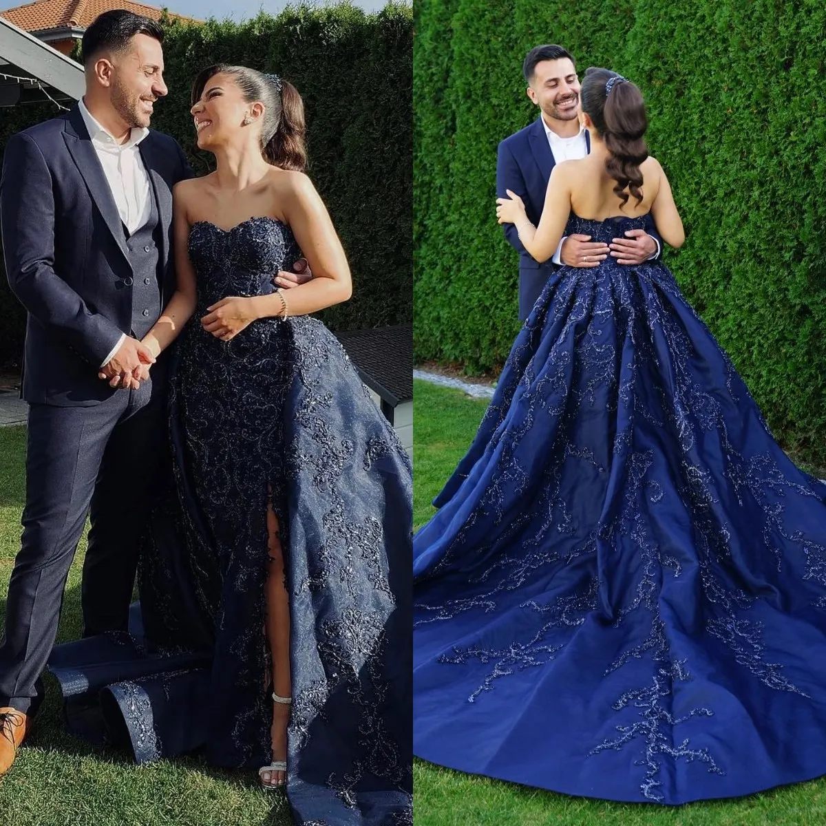 Elegant Navy Blue Wedding Dress With Overskirts Sweetheart Beading Lace ...