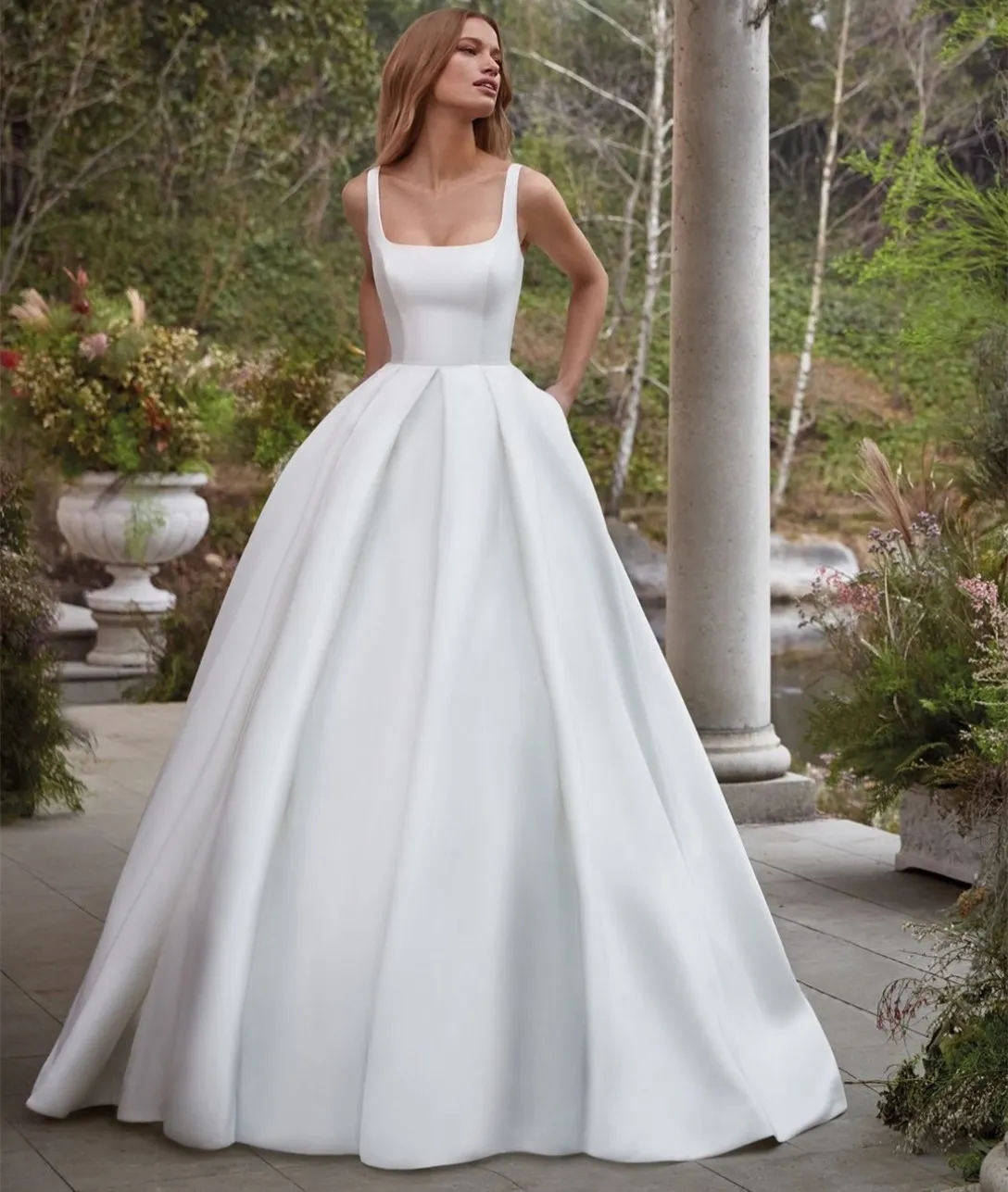 Square Neckline Wedding Dress A Line Satin Bridal Gown With Pockets ...