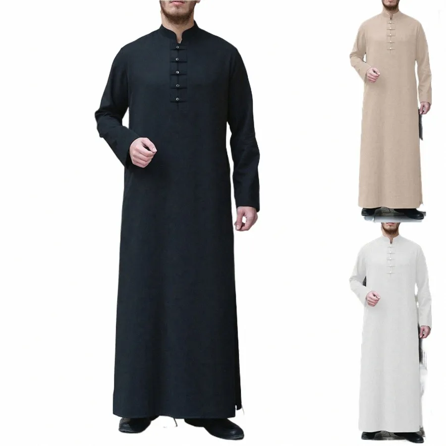 Men's Solid Color Muslim Jubba Thobe Stand Neck Kaftan For Islamic ...