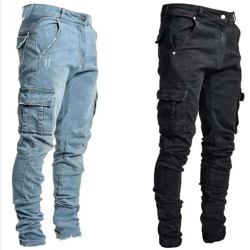 Men's Solid Color Jeans With Multiple Pockets And Mid Rise Cargo Style ...