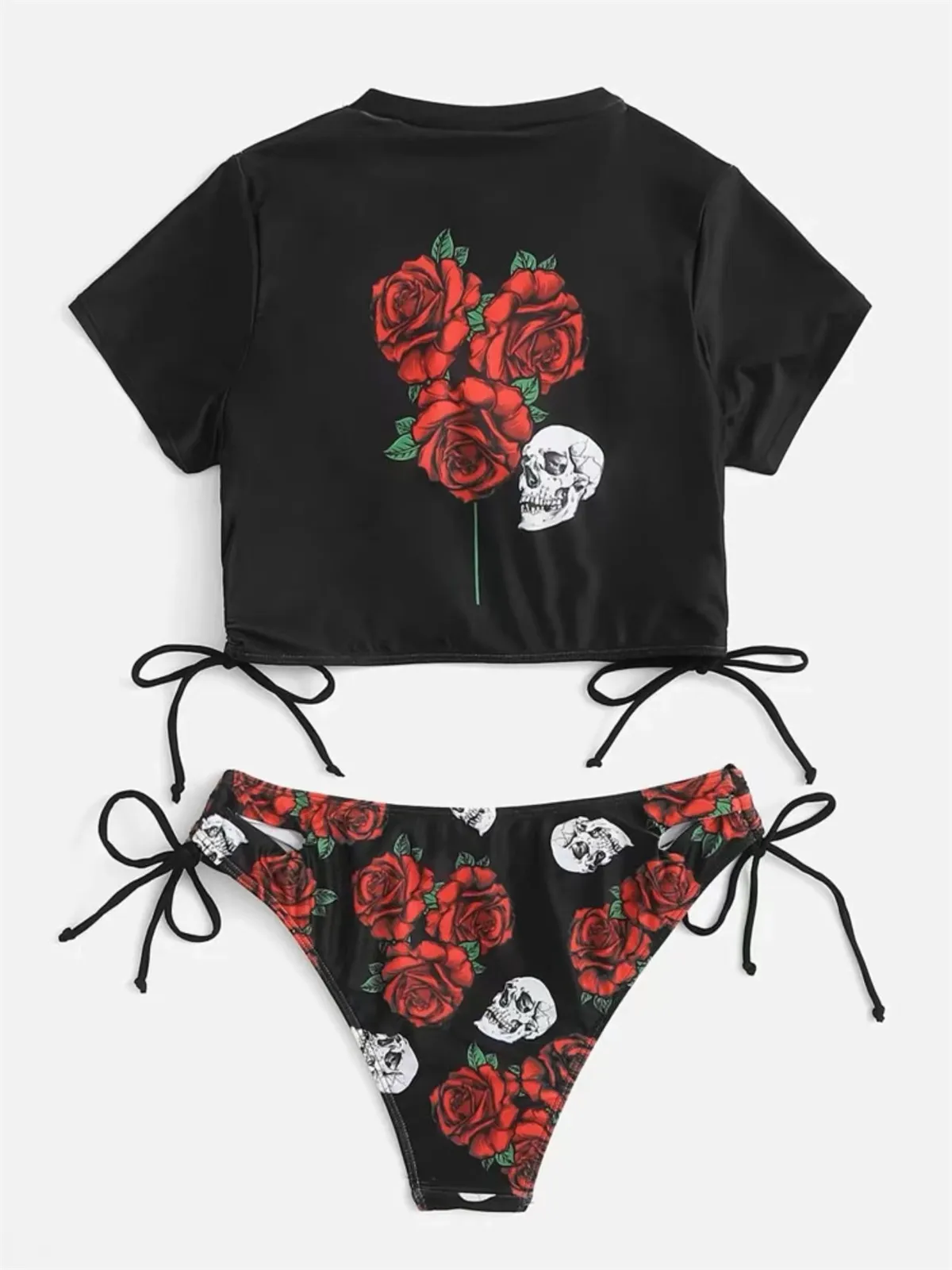 Skull Print Bikini Set Women Black Floral Print Swimwear High Waist ...