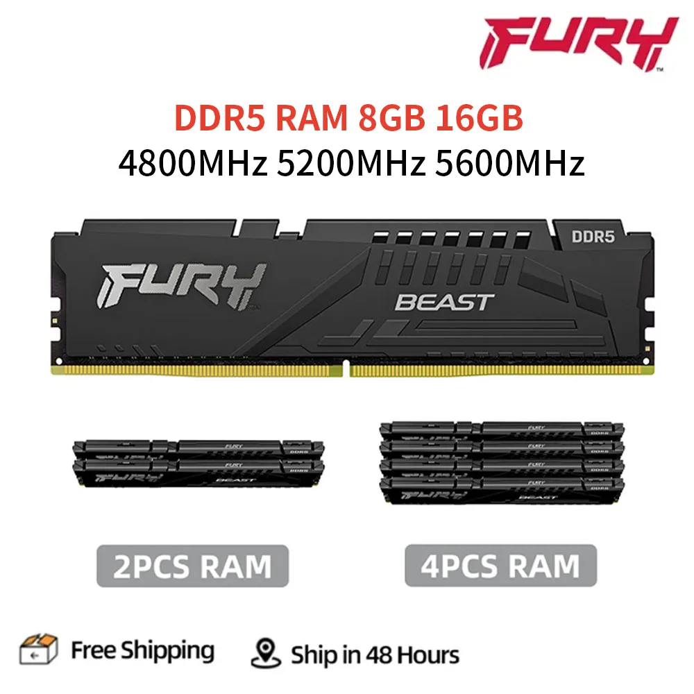 Fury Beast DDR5 8GB 16GB 4800 5200 5600MHz Desktop Memory 288Pin 1.1V ...