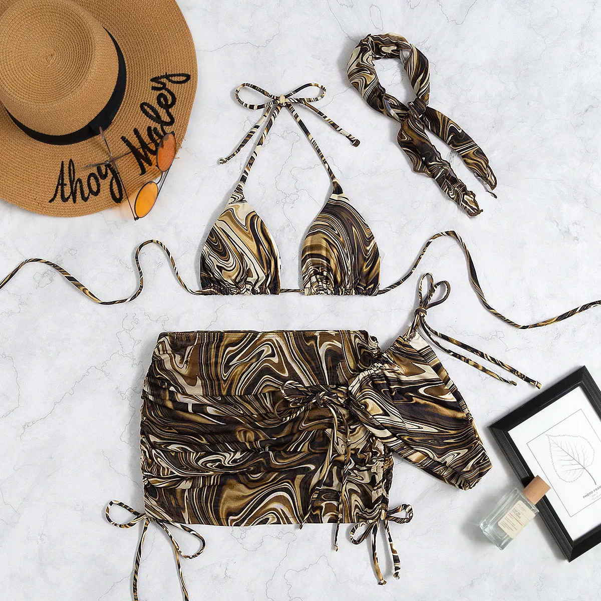 2024 Wave Print Swimsuit Bikini Set with Beach Sarong and Micro Thong ...