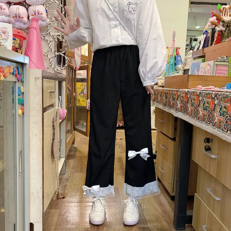 Kawaii Clothes: High Waist Corduroy Pants with Bow Lace Detail, Wide Leg, Loose Fit Trousers ...