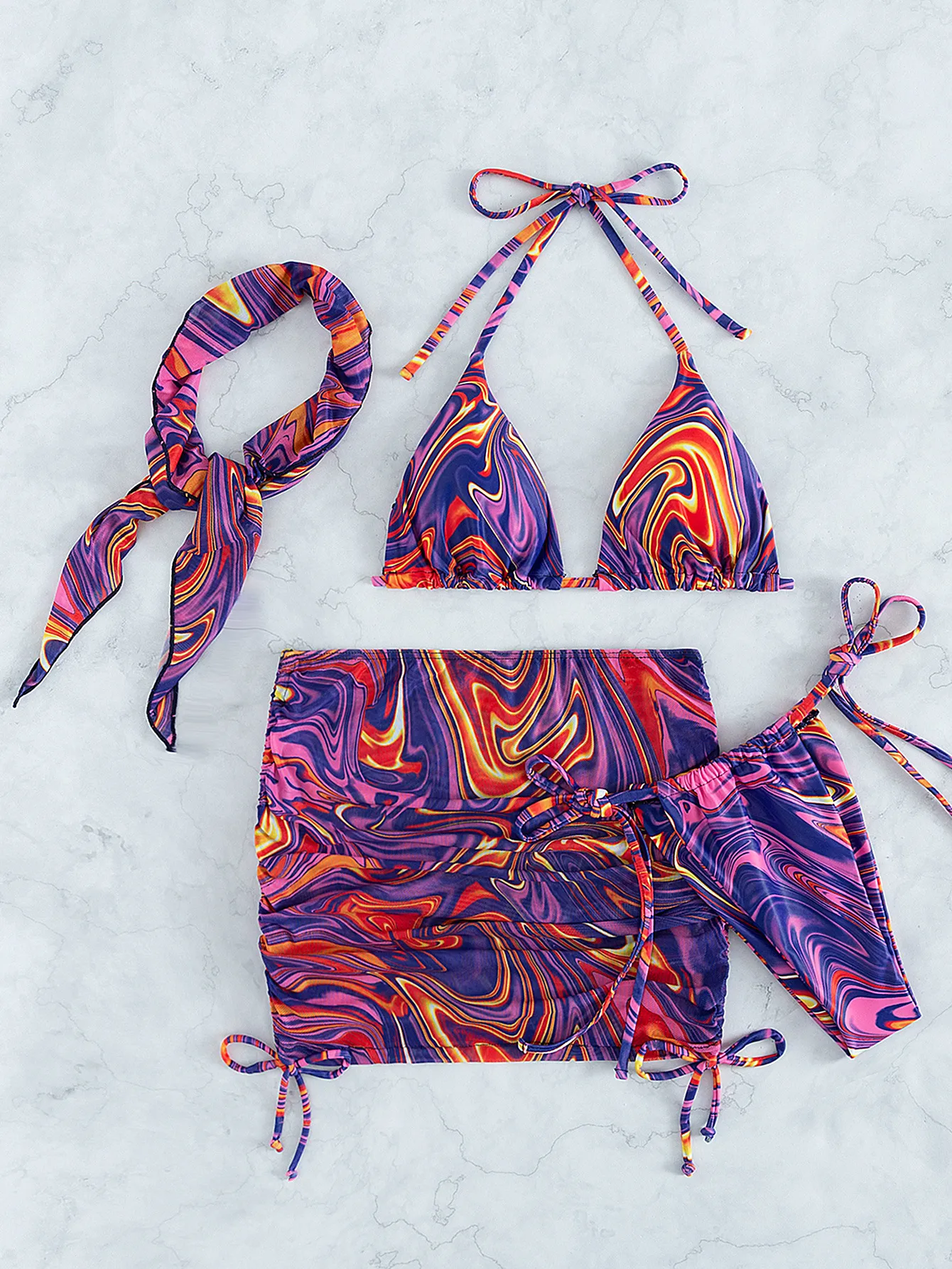 2024 Wave Print Swimsuit Bikini Set with Beach Sarong and Micro Thong ...