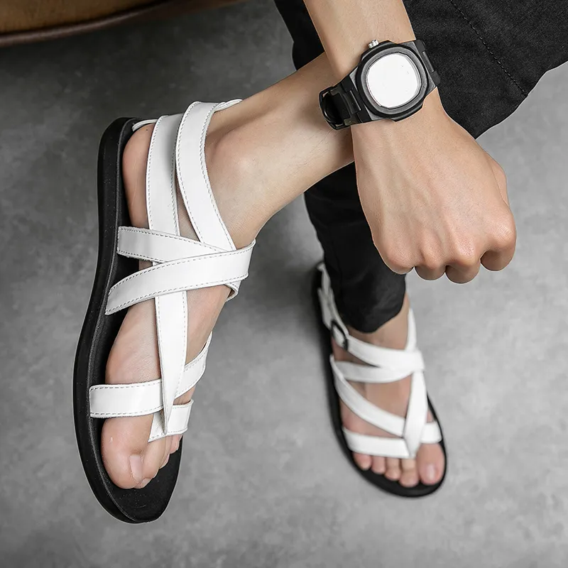 Summer New Cow Leather Men Sandals Designer Black Flat Casual Shoes ...