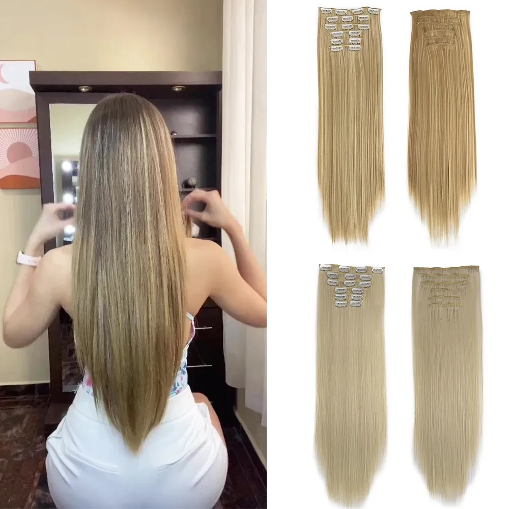 Long Straight Clip In Hair Extensions Set 24 Inch Synthetic Heat ...