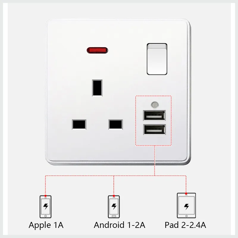 13A Dual USB UK Standard ac power plug types with LED Indicator, Single ...