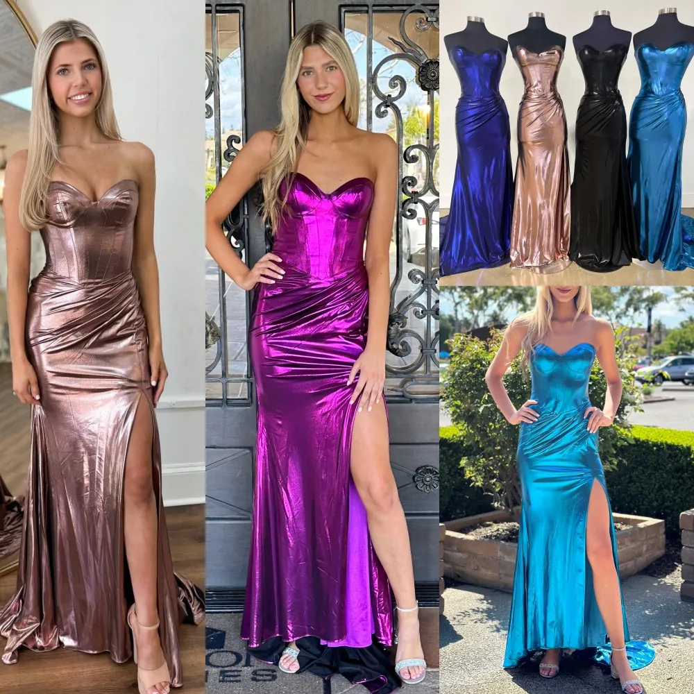 DHgate.com:Metallic Ruched High Slit Strapless Corset Prom Dress ...