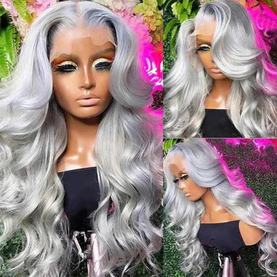 Silver Grey Body Wave Lace Front Wig 13x4 HD Transparent Brazilian ...