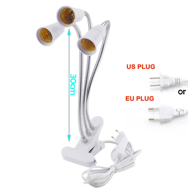 DHgate.com:Flexible 3-Head Clip-On E27 LED Light Holder with EU/US Plug ...
