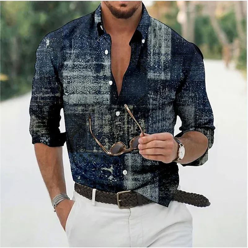 Men's single-breasted striped long-sleeve shirts casual party tops S ...