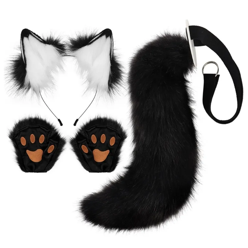 Tails Fox Costume Faux Fur Cat-Fox Ears Headband with Tail Set, Black ...