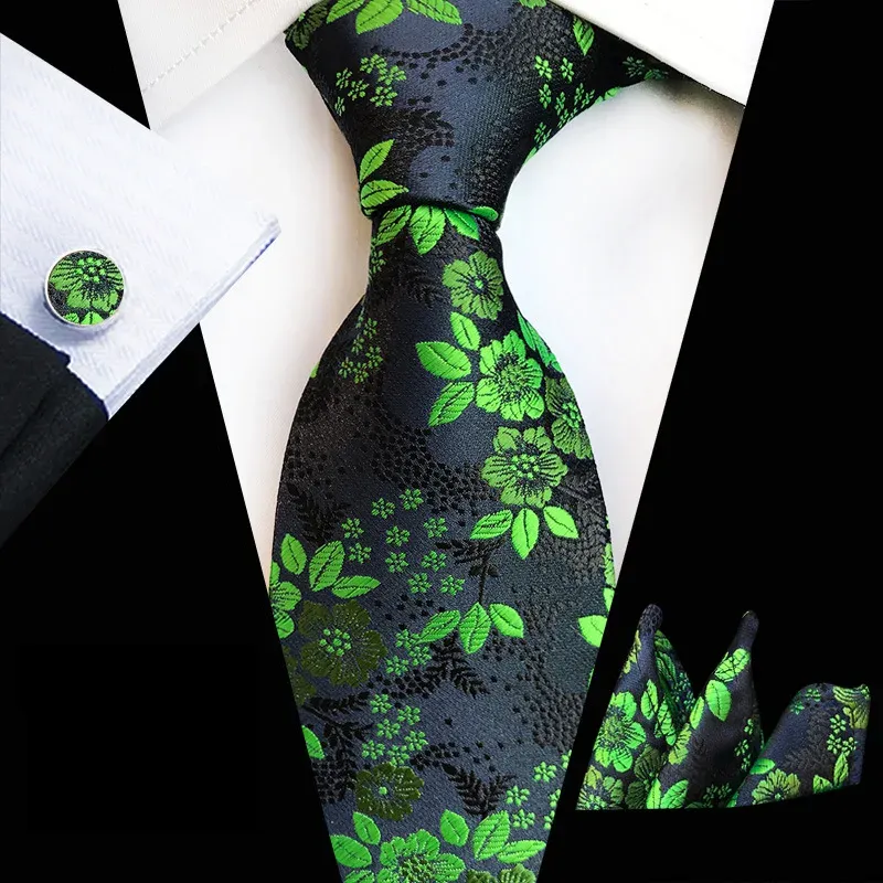 Gold Floral Jacquard Men's Tie and Handkerchief with Cufflinks Set from ...