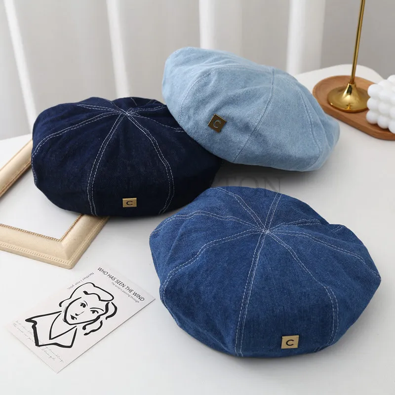 LUXXETON Retro Denim Denim Beret Cap Hat Korean Alphabet Blue Shade ...