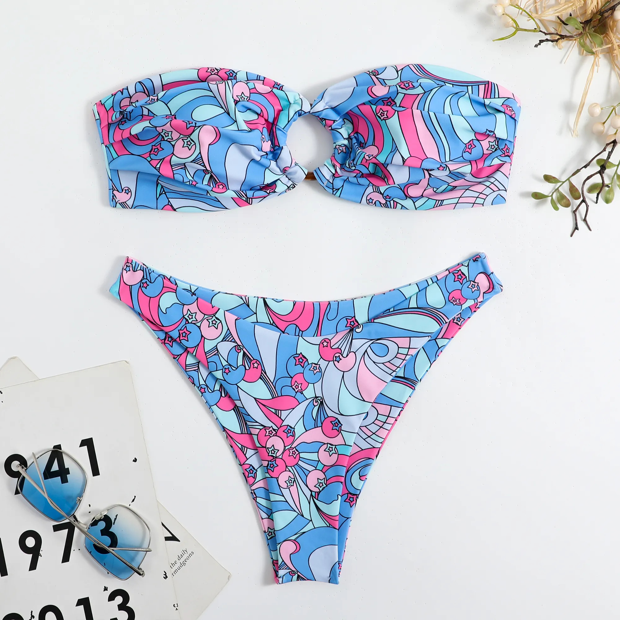 Double-Sided Print Bandeau Bikini Set Women Strappy Off-The-Shoulder ...
