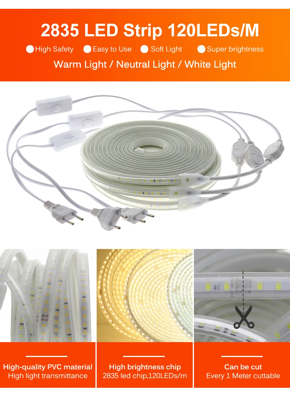 220V LED Strip 120 LEDs 8W/m Waterproof Flexible LED Tape with EU Plug ...