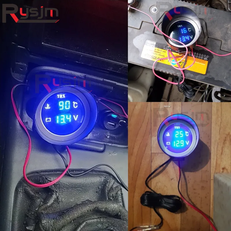 2-in-1 LED Digital Round Car Truck Dual Voltage Temp Gauge, Blue+Red ...