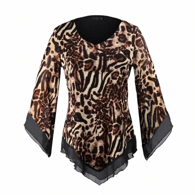 Plus Size Leopard Print Mesh Top - Elegant Women's Blouse, Irregular ...