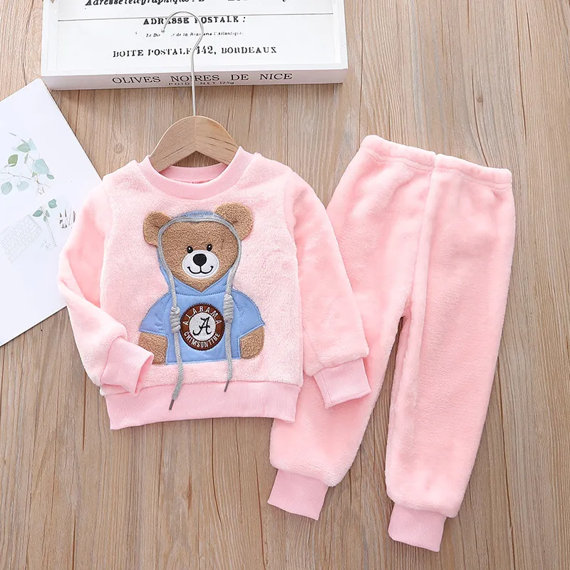 Winter Children Cartoon Embroidered Pajamas Boy Long Top and Pant Thick ...