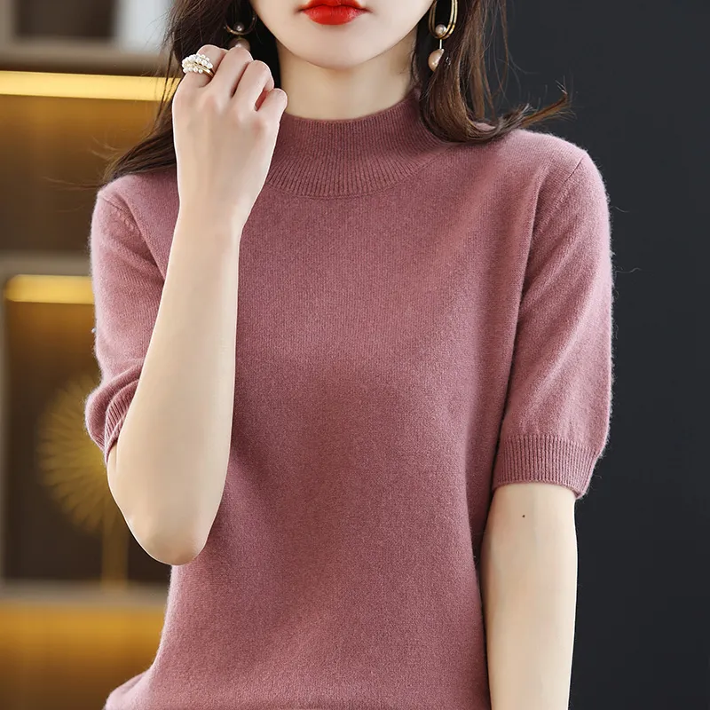 Women's 2024 Summer Cashmere Short Sleeve Pullovers, Solid Color ...