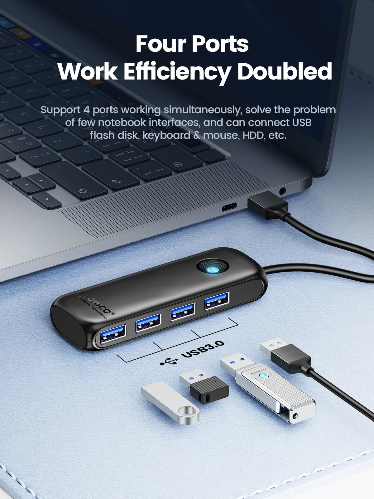 ORICO USB 3.0 Hub 4-Port Multi-USB Splitter with Power Adapter for PC ...