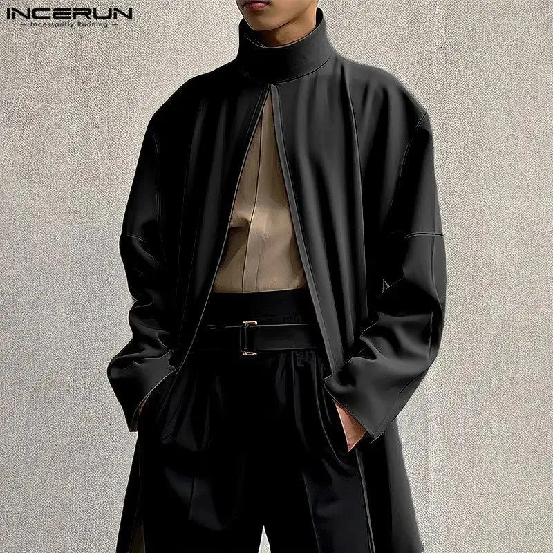 Men's Open Front Trench Coat - INCERUN Solid Color Cloak, Turtleneck ...