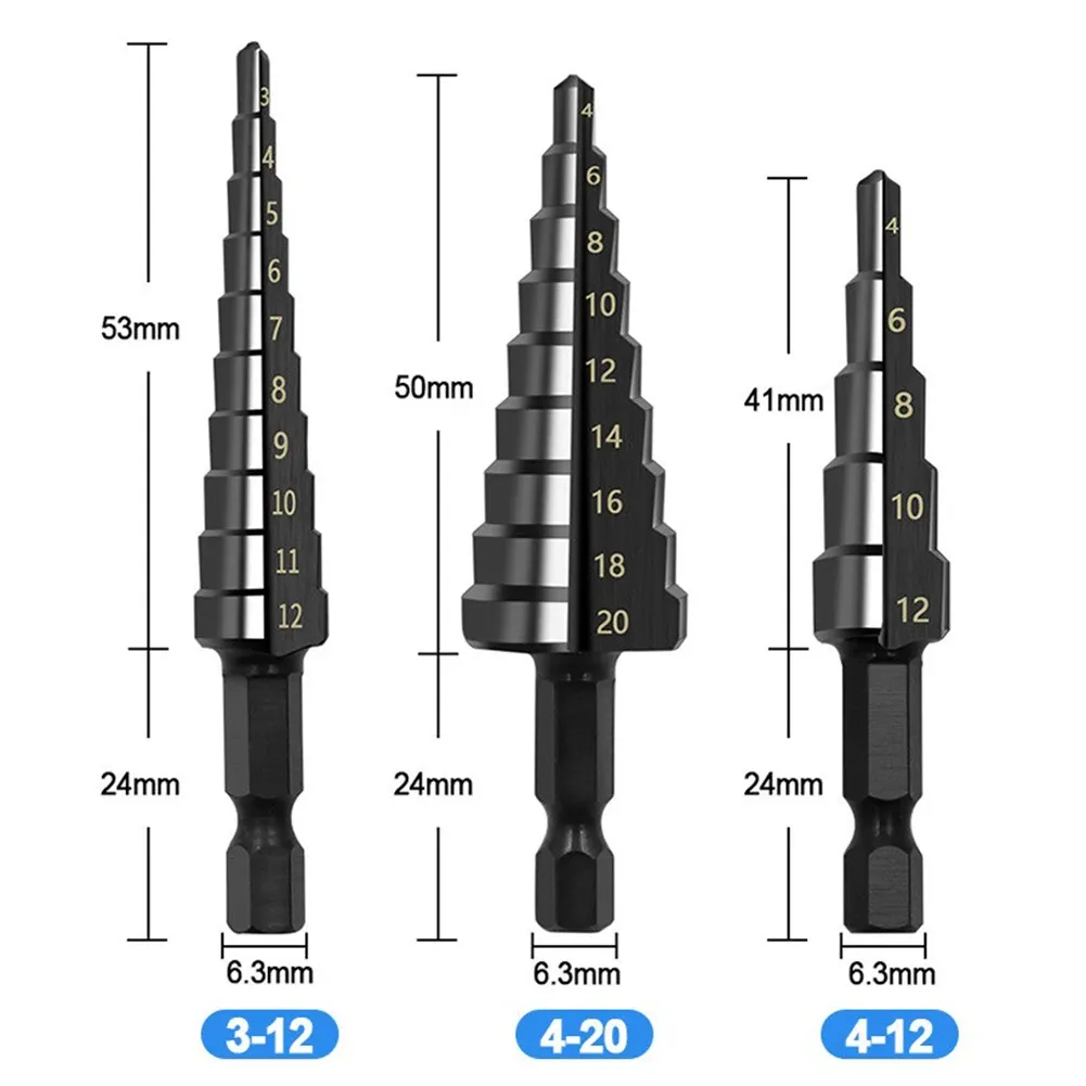 Hexagonal Shank Step Drill Bits 3-12mm 4-12mm 4-20mm Hole Cutter HSS ...