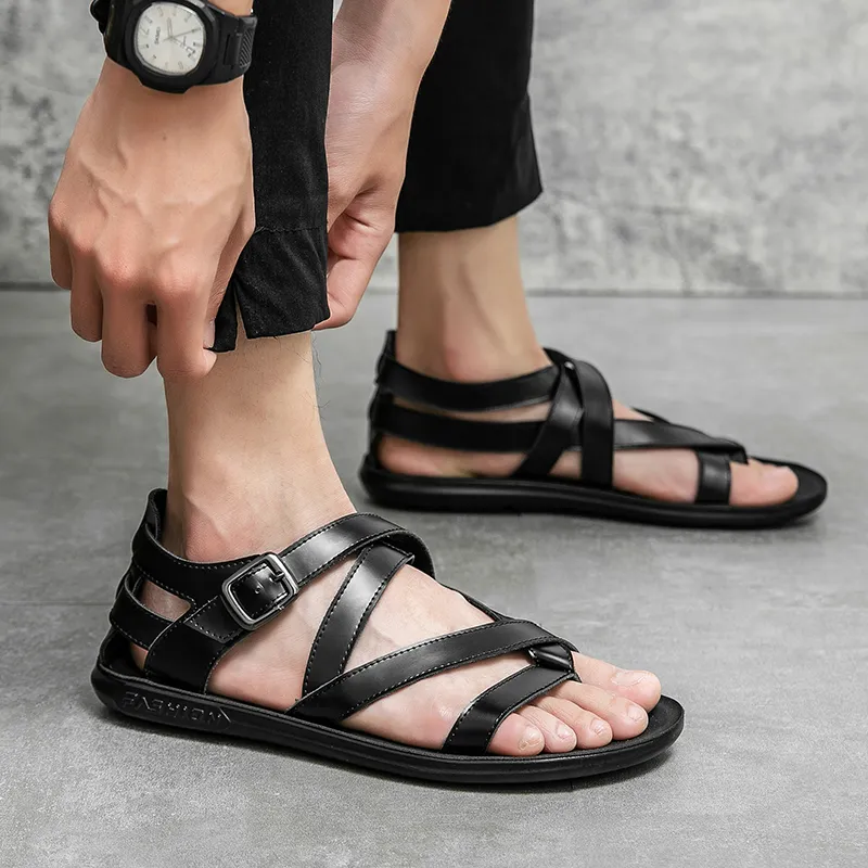 Summer New Cow Leather Men Sandals Designer Black Flat Casual Shoes ...