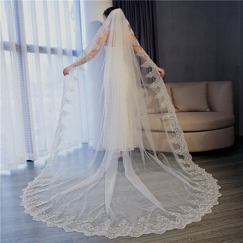 Deluxe Long White Ivory Cathedral Bridal Veil 3-Meter Wide Sequin Lace ...