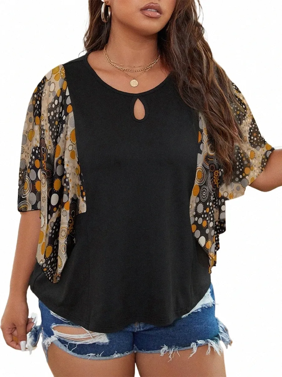 finjani Women's Plus Size Polyester Blouse Colorblock Batwing Sleeve ...