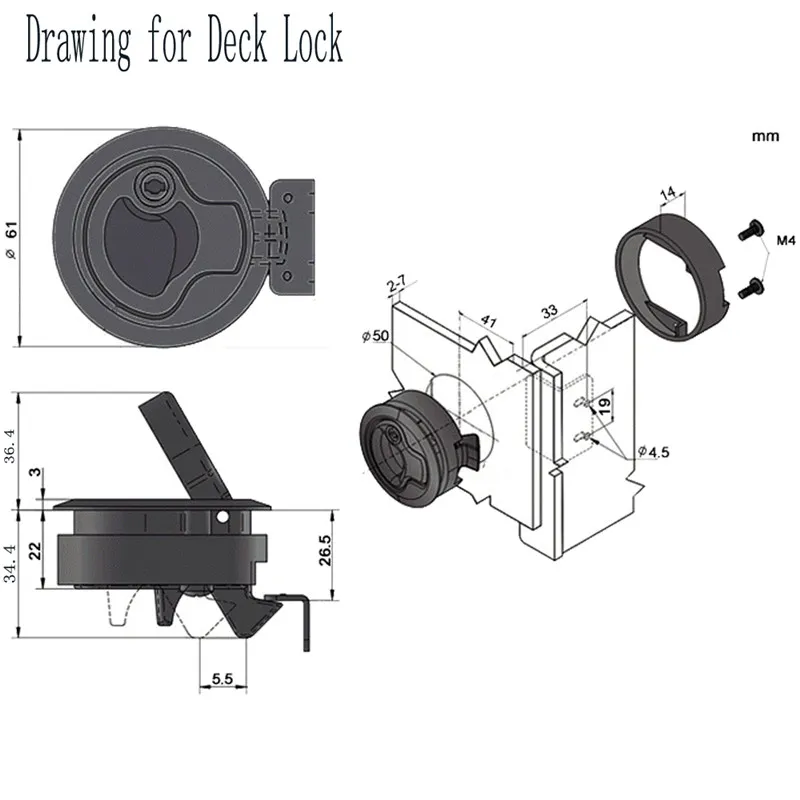 Marine Boat Deck Lock with Key: Black Flush Pull Latches, Lift Ring ...