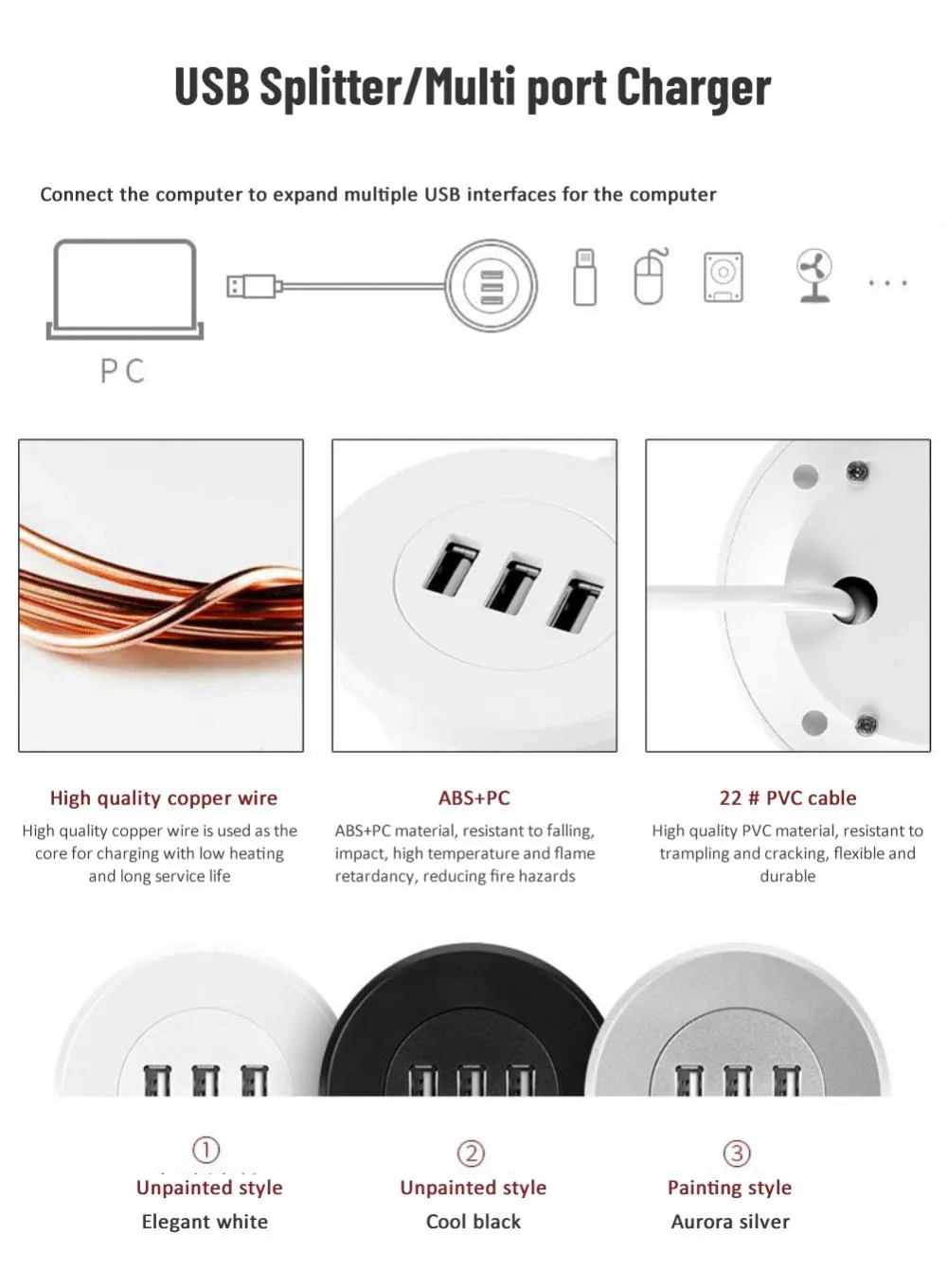 3 In 1 USB 2.0 Hub Desktop Embedded HUB Hub Computer Desk One Drag ...