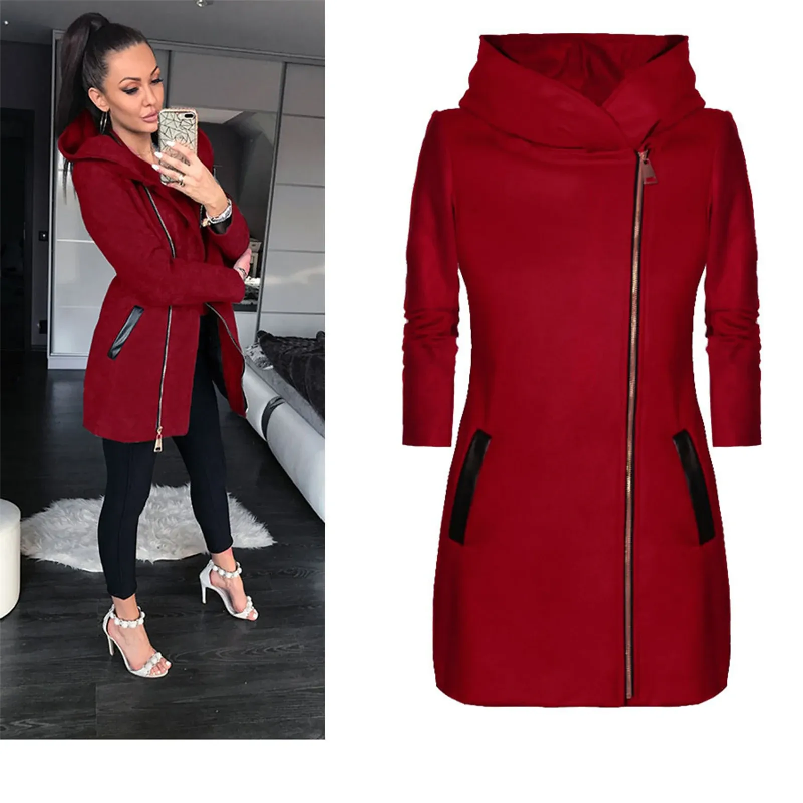 Women's Mid-Length Winter Jacket with Side Zipper and Hood, Thin Warm ...