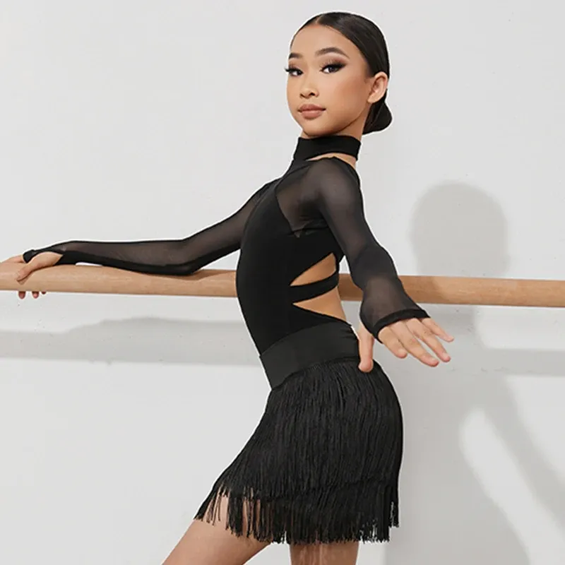 Girls Black Latin Dance Leotard With Long Sleeves Perfect For Ballroom ...