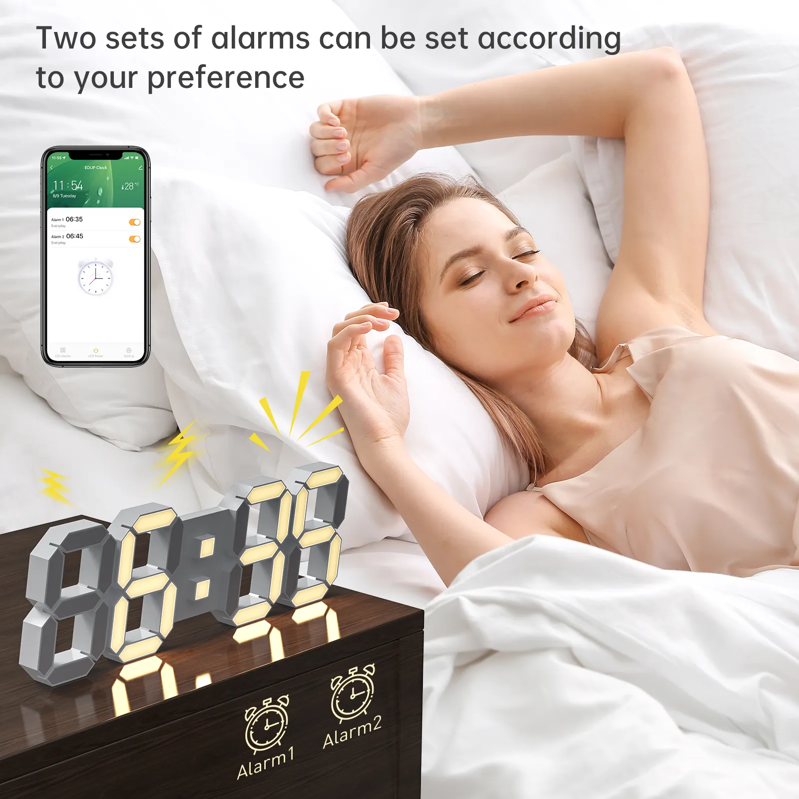 Deeyaple Tuya 15-Inch Color Digital Clock 3D LED Wall Alarm Clock ...