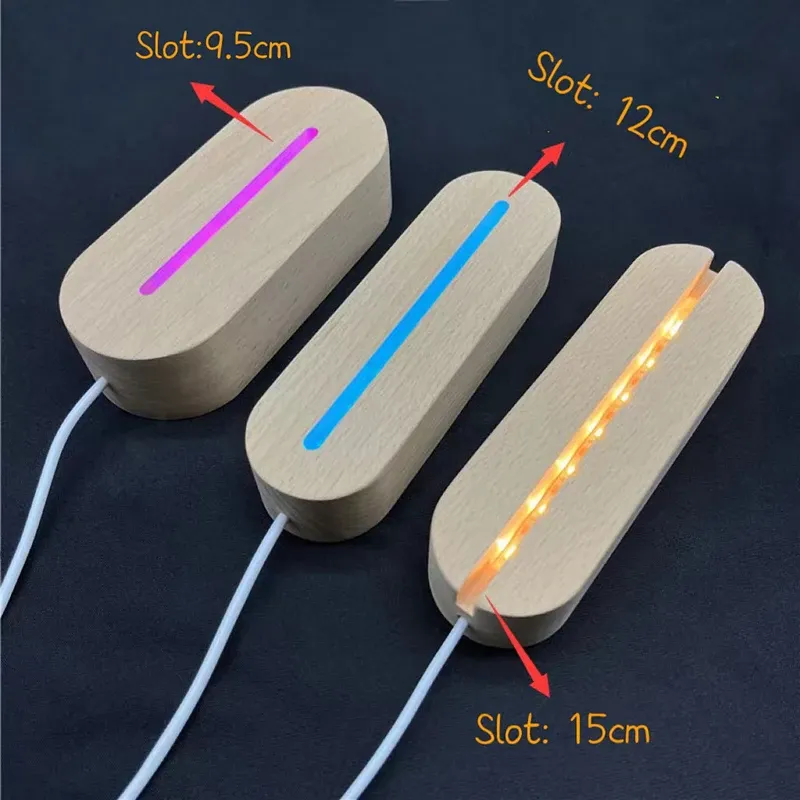 3D Oval Wooden Kids Acrylic Night Lamp Base LED Stand USB Powered Warm ...